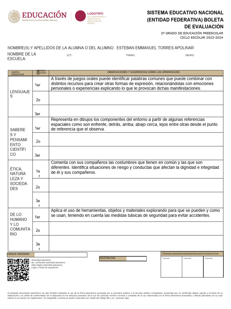 2° PREESCOLAR Boleta de Evaluación 2023-2024 ESTEBAN EMMANUEL | Descargar gratis PDF | Educación ...