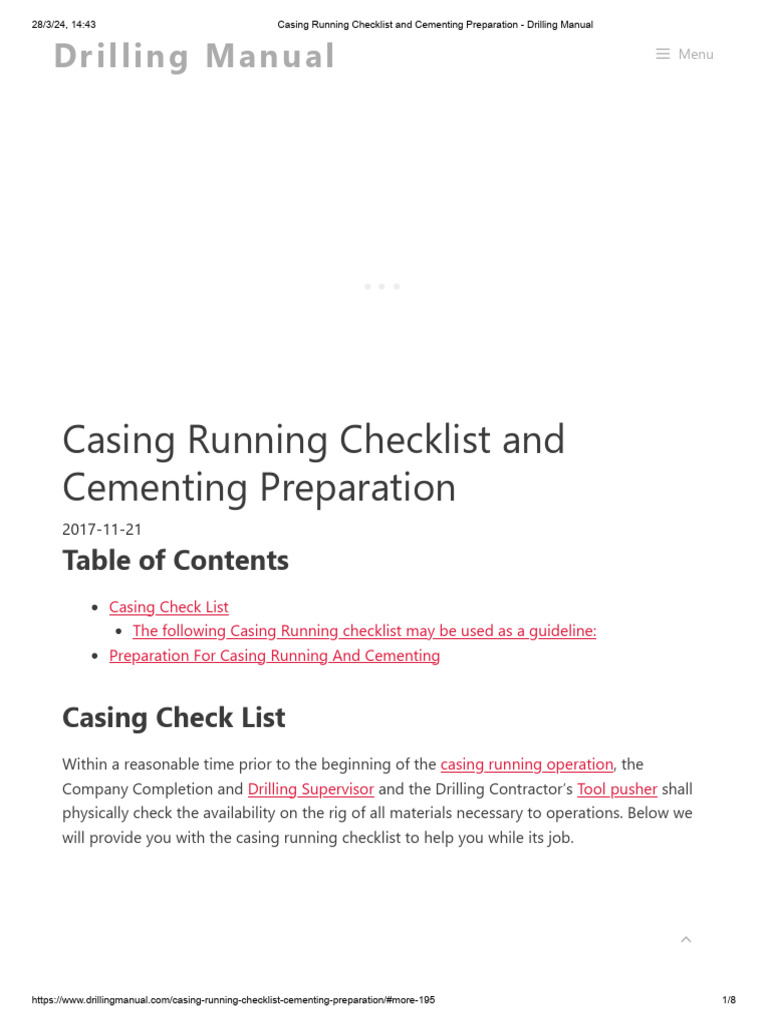 Casing Running & Cementing Checklist | PDF | Casing (Borehole) | Pipe ...