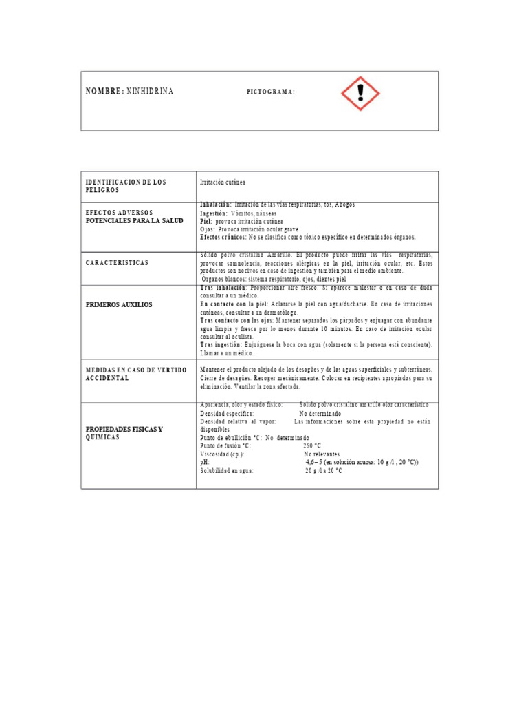 Ficha de Seguridad de Ninhidrina | PDF