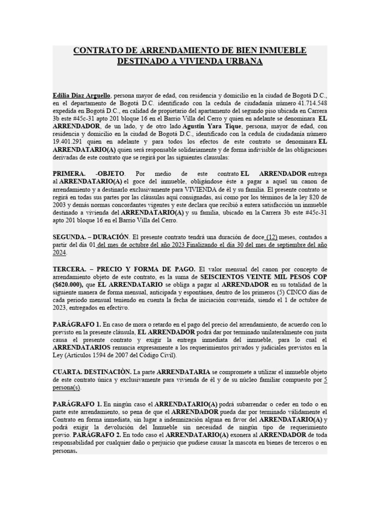 Contrato de Arrendamiento de Bien Inmueble Destinado A Vivienda Urbana | PDF | Pagos | Derecho ...