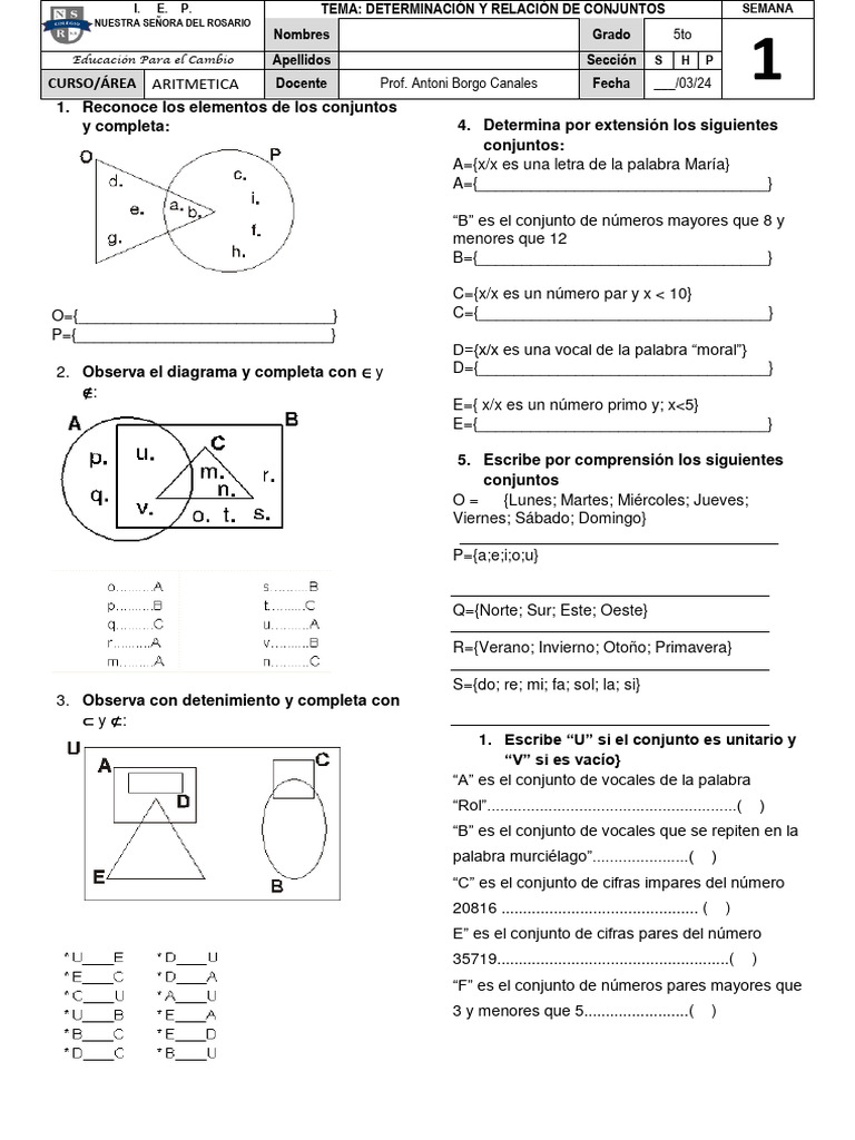 Determinacion y Relacion de Conjuntos - 5to-Arit | PDF