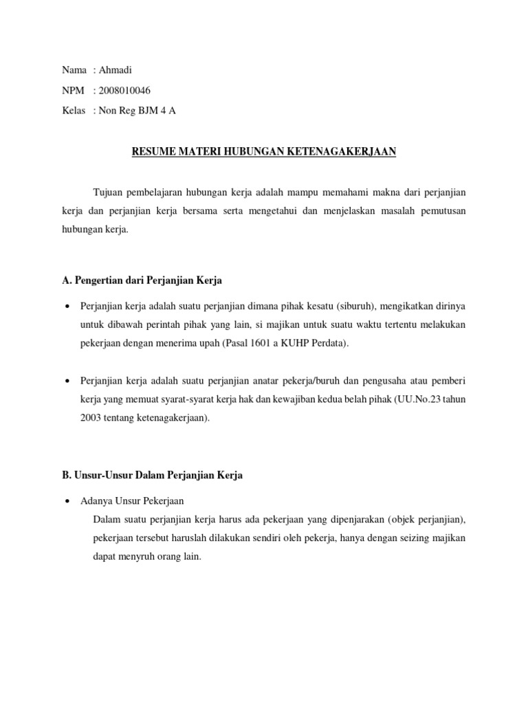 Resume Ahmadi 2008010046 Tugas Hubungan Kerja | PDF