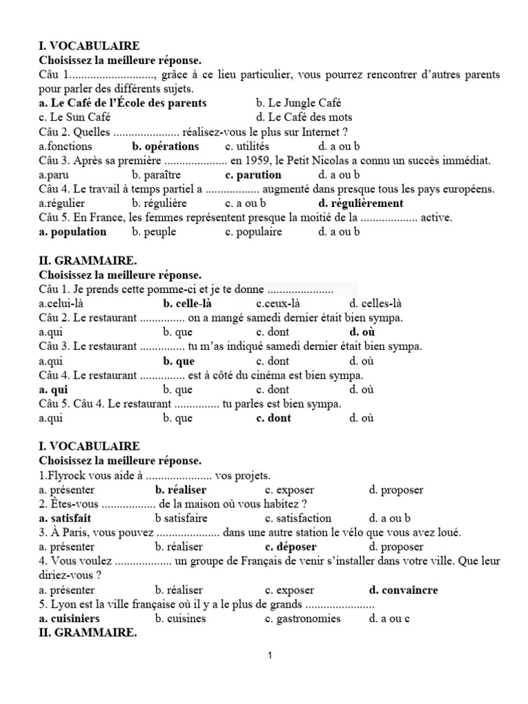 Quiz de vocabulaire et grammaire française | PDF | Accident de la route ...