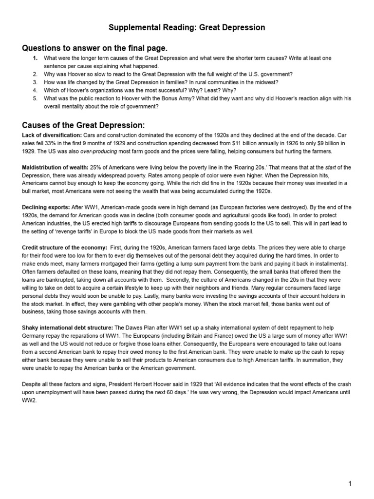 Causes and Effects of the Great Depression | PDF | Dust Bowl ...