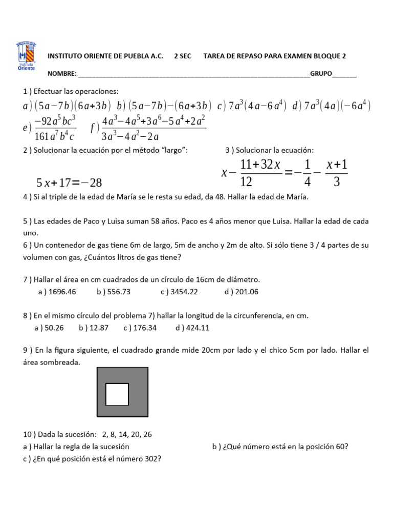 Tarea de Repaso Matemáticas 2° Sec. | PDF