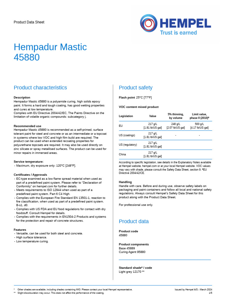 Hempadur Mastic 45880: Product Characteristics Product Safety | PDF | Paint | Volatile Organic ...