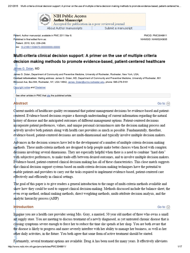 Multi-Criteria Clinical Decision Support - A Primer On The Use of ...
