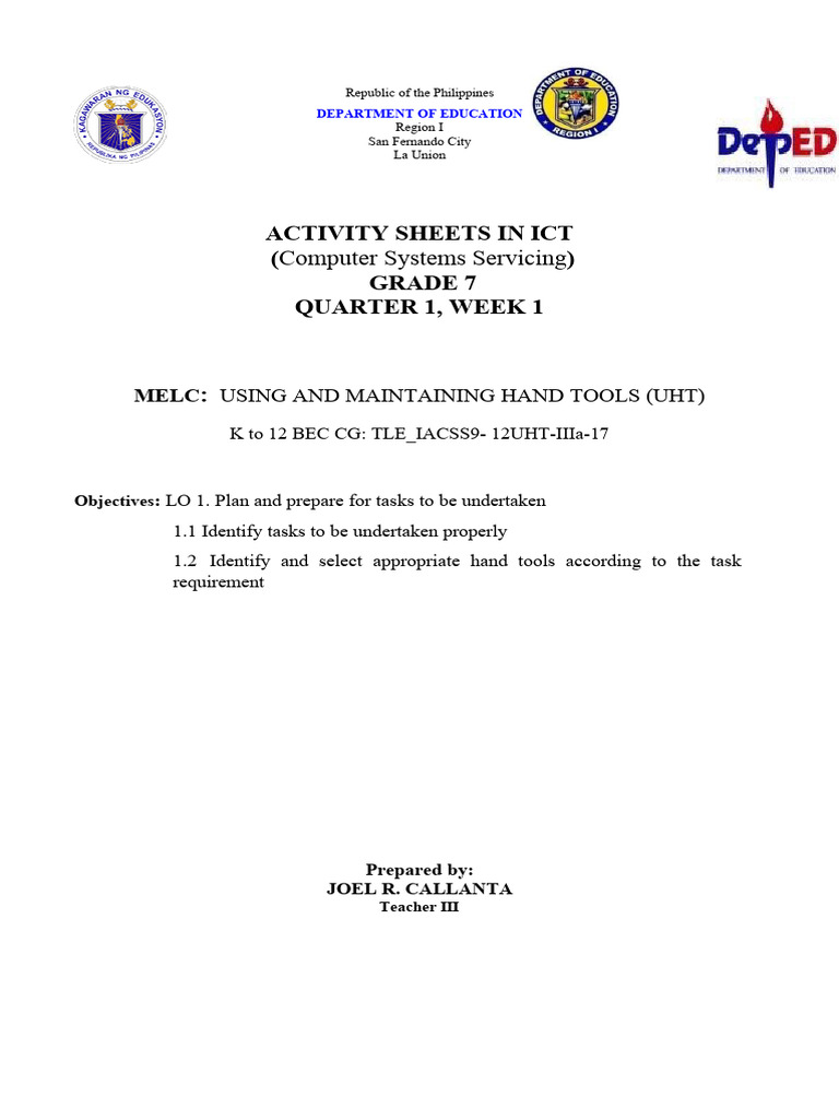 Activity Sheets in Ict Computer Systems Servicing Grade 7 Quarter 1 ...