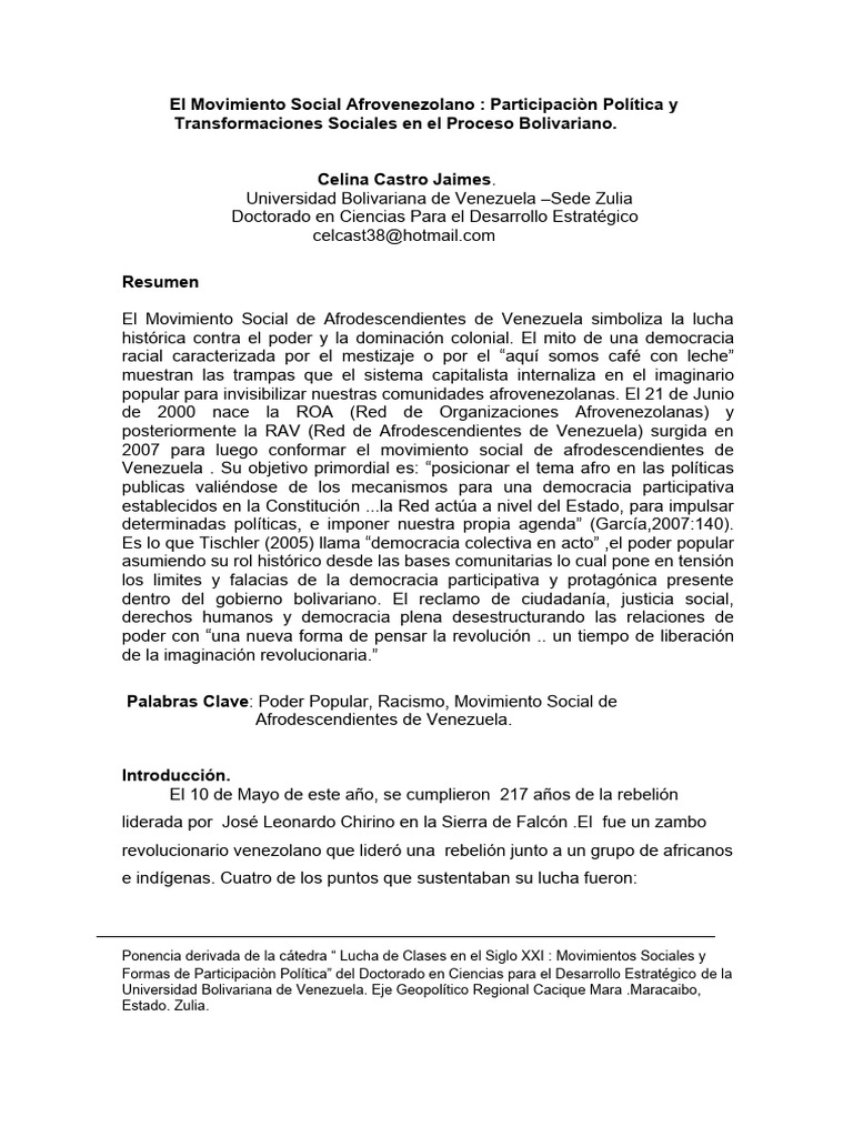 Afrovenezolanos: Lucha y Participación Política | PDF | Racismo ...