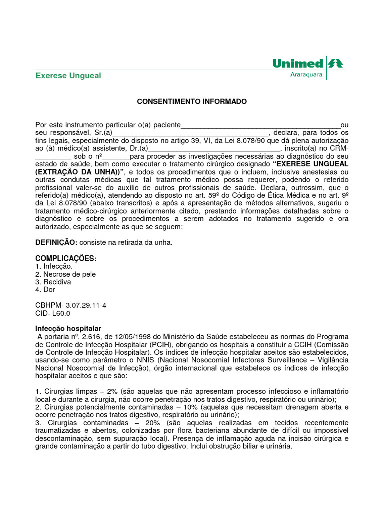 Consentimento Informado para Exérese Ungueal | PDF | Infecção | Inflamação