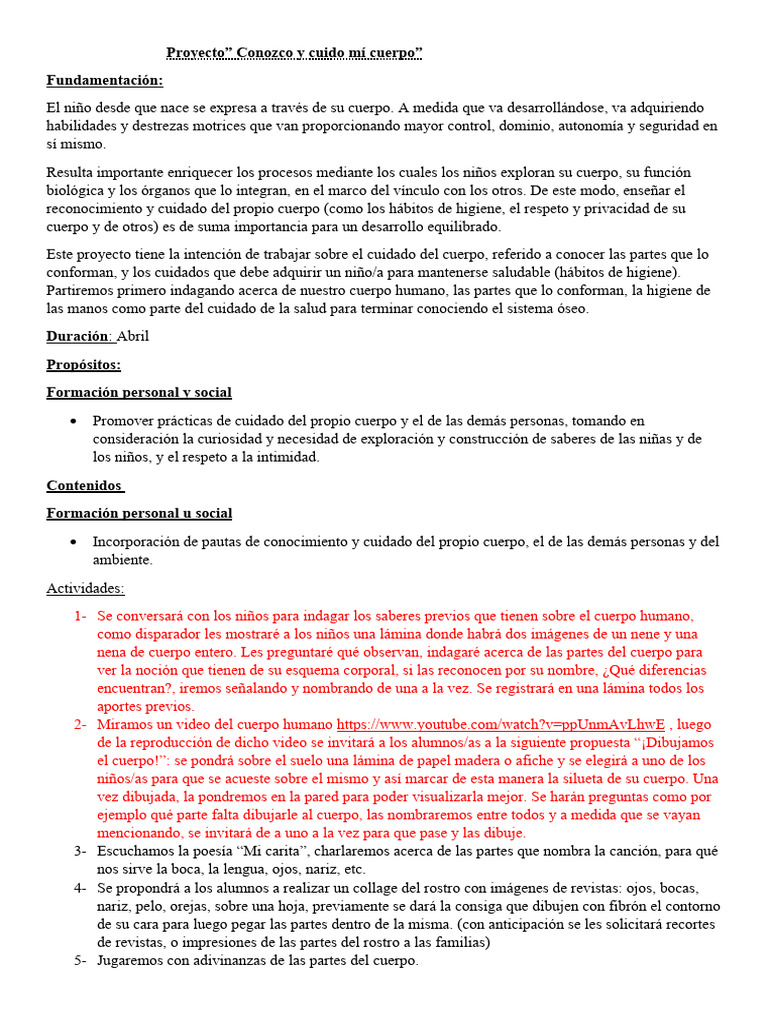 Proyecto Conozco y Cuido Mí Cuerpo | PDF | Esqueleto | Hueso Proyecto Conozco y Cuido Mí Cuerpo | PDF | Esqueleto | Hueso