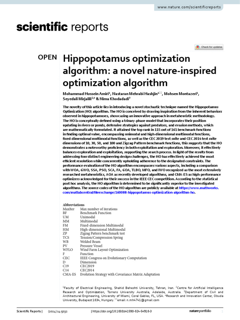 Hippopotamus Optimization Algorithm: A Novel Nature Inspired Optimization Algorithm | PDF ...