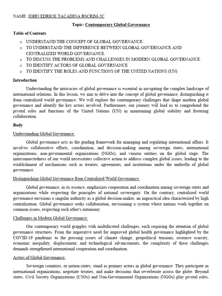 Contemporary Global Governance (Written Report) by Tacadina, John ...