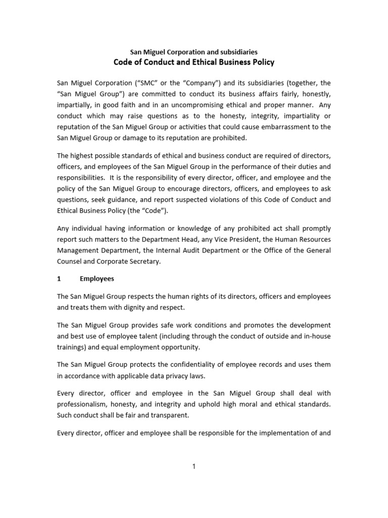 SMC Code of Conduct and Ethical Business Policy | PDF | Employment ...