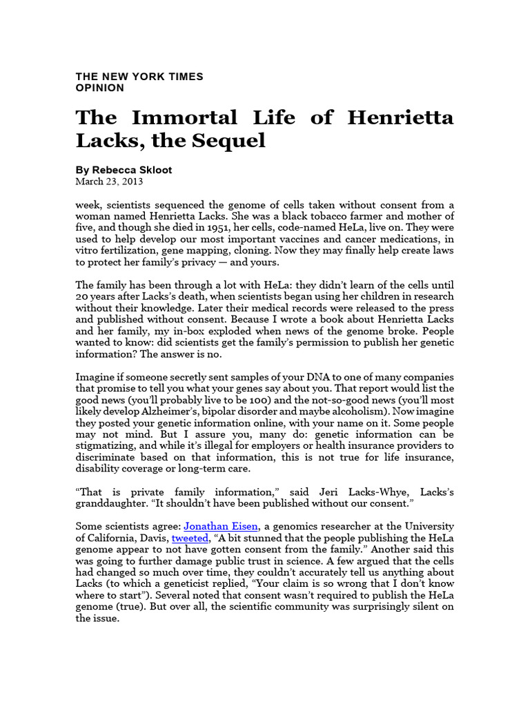 HeLa Genome: Ethics and Consent Issues | PDF | He La | Informed Consent