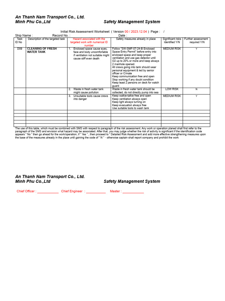 Initial Risk Assessment Worksheet-CLEANING OF FRESH WATER TANK | PDF ...
