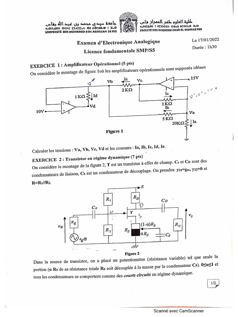 Corrigé Examen D'electronique Analogique SMP S5 SN 2022 FSDM | PDF