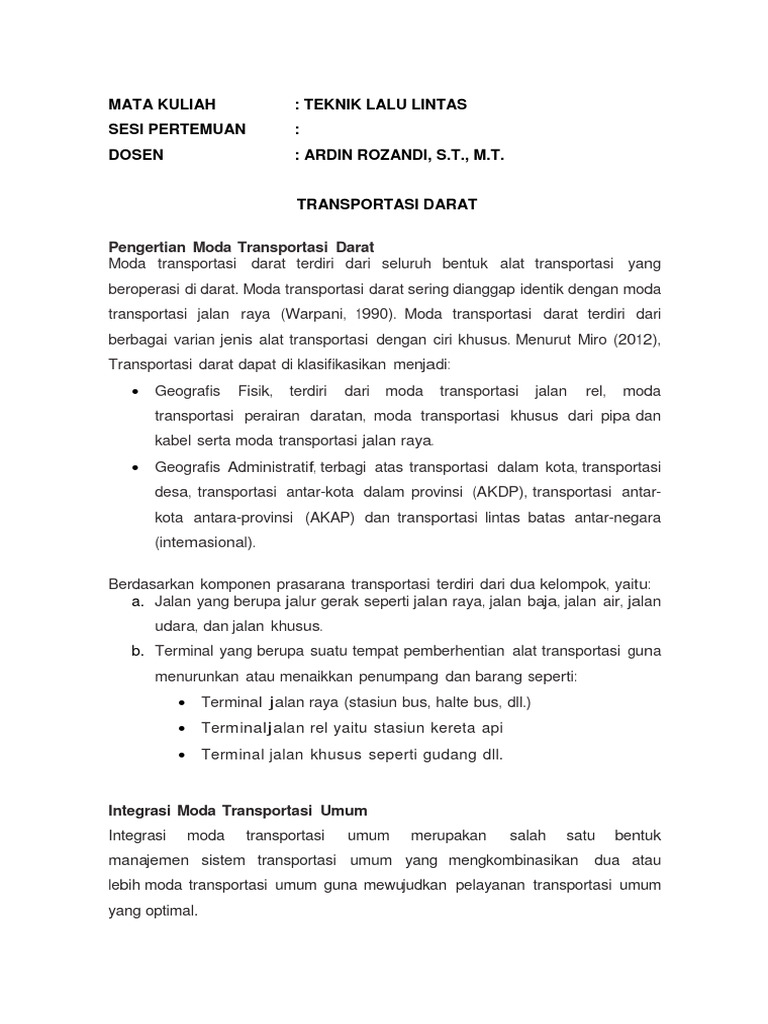 11 Lecturer Note TEKLALIN Sistem Transportasi Nasional Darat | PDF