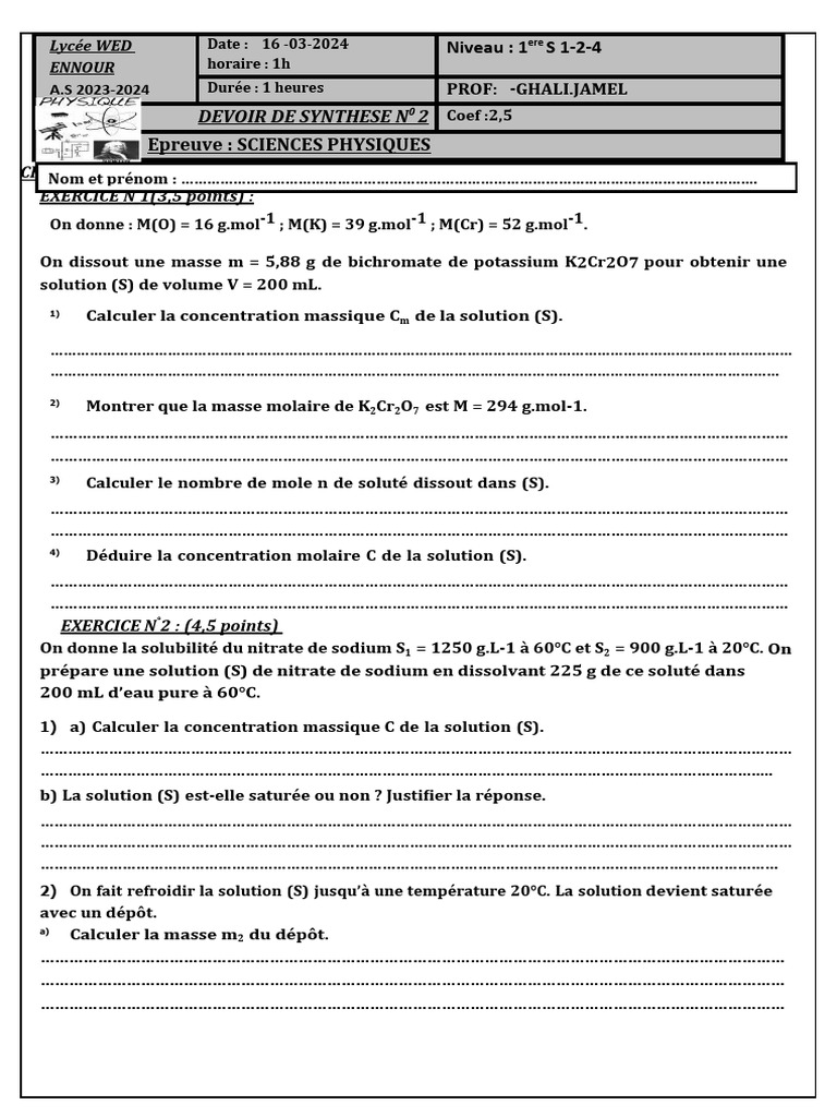 DS2 1ere 2024 | PDF | Grandeur physique | Chimie