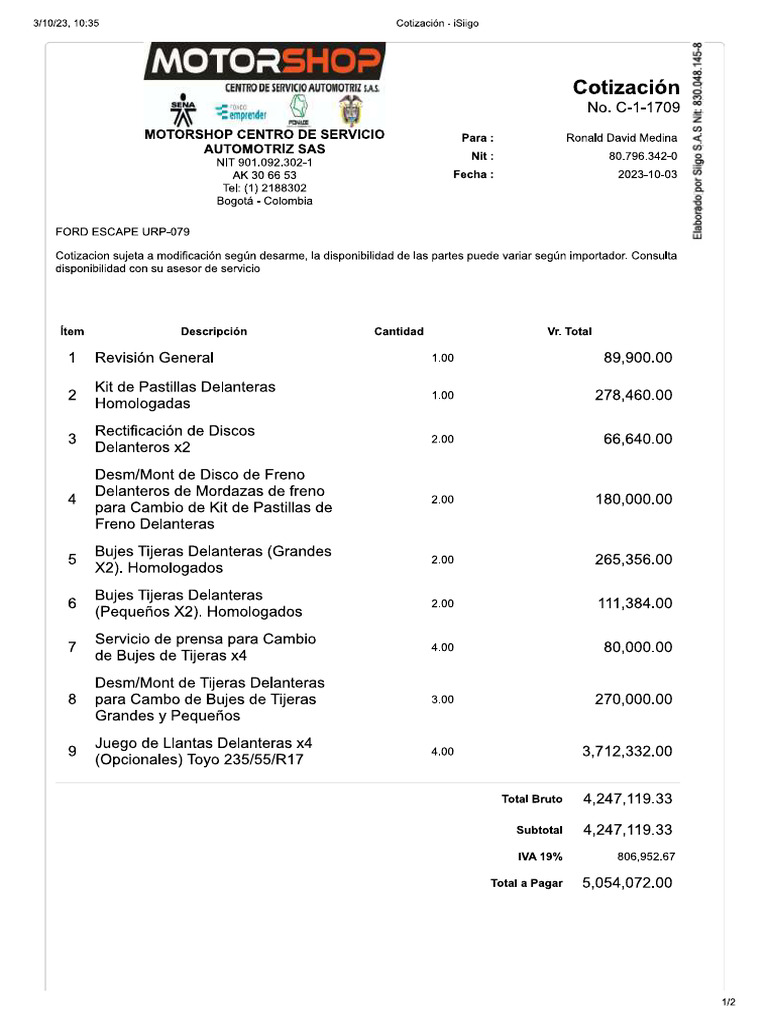 Cotizacion Ford Scape URP-079 | PDF