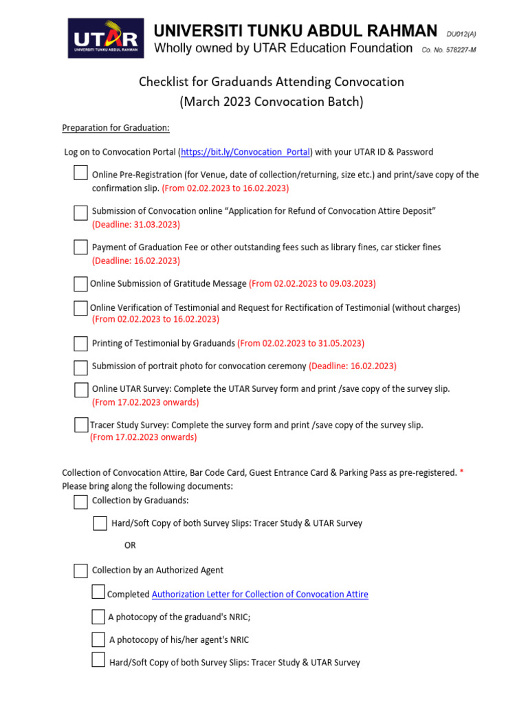UTAR Convocation – Checklist for Graduands Attending Convocation Ceremony (March 2023 ...