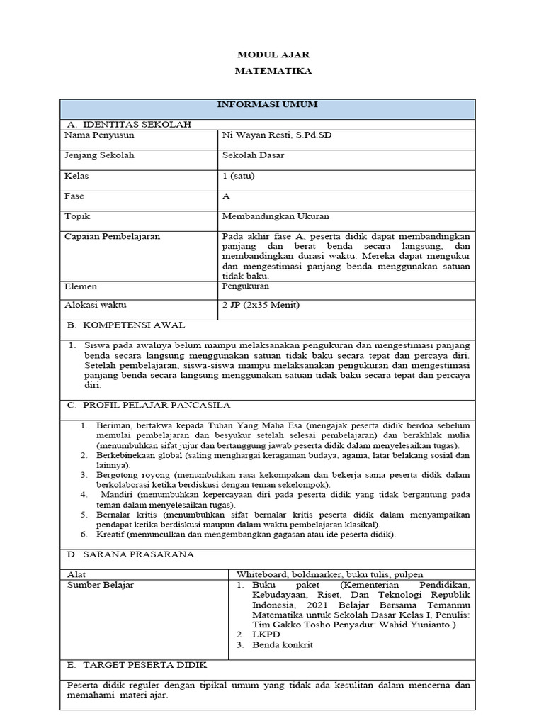 Modul Ajar Kelas 1 - Membandingkan Ukuran | PDF | Karier & Perkembangan ...