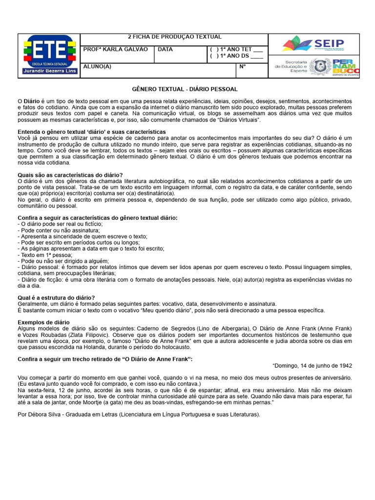 JBL Red 2 Ficha G-Nero Textual - Di-Rio Pessoal | PDF | Diário | Anne Frank