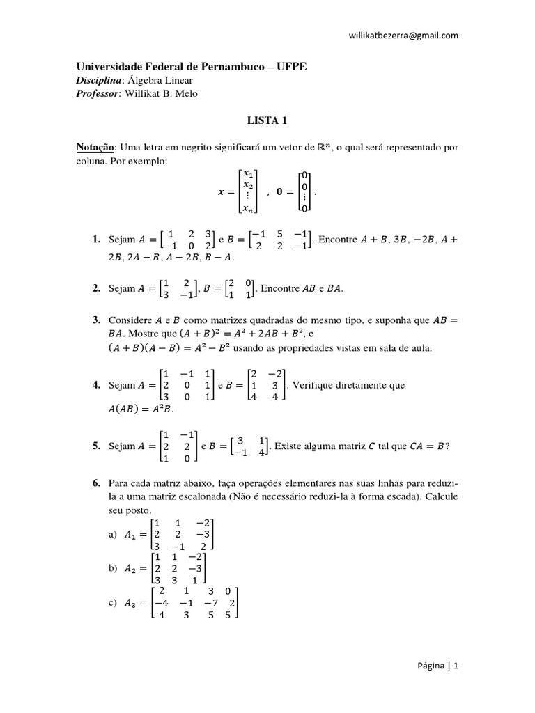 Lista 1 - Álgebra Linear | PDF | Matriz (Matemática) | Objetos matemáticos