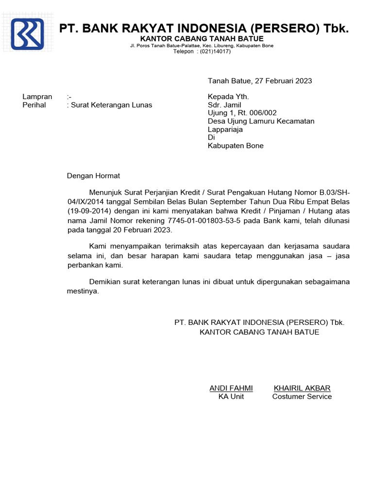 Blanko File Surat Keterangan Lunas PT Bank Bri | PDF