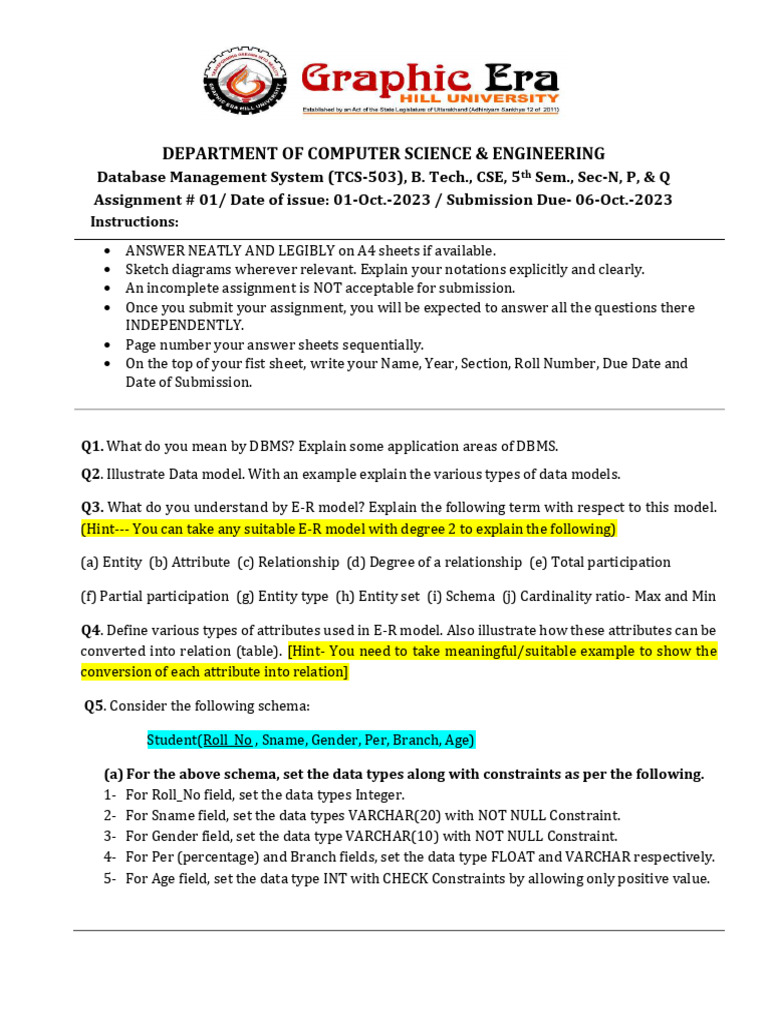 DBMS Assignment 01 | PDF | Sql | Databases DBMS Assignment 01 | PDF | Sql | Databases