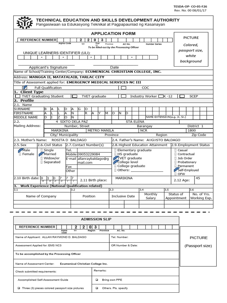 TESDA NC III Application Form Guide | PDF