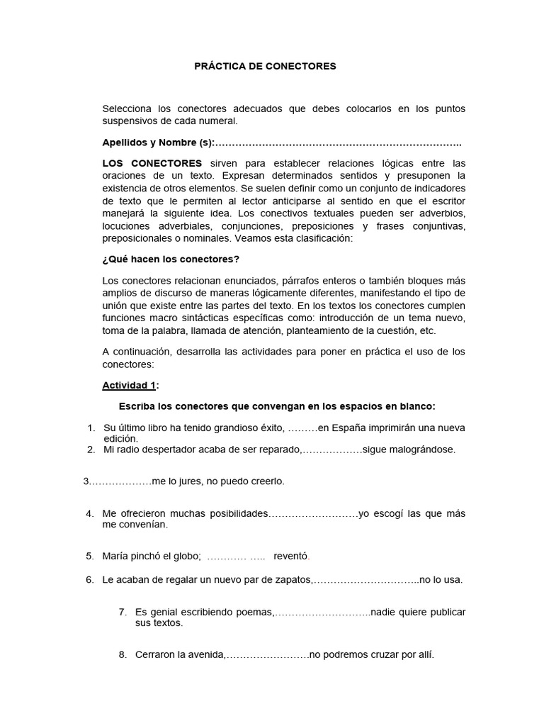 Práctica de Conectores Textuales | PDF | Adverbio | Mecánica del lenguaje