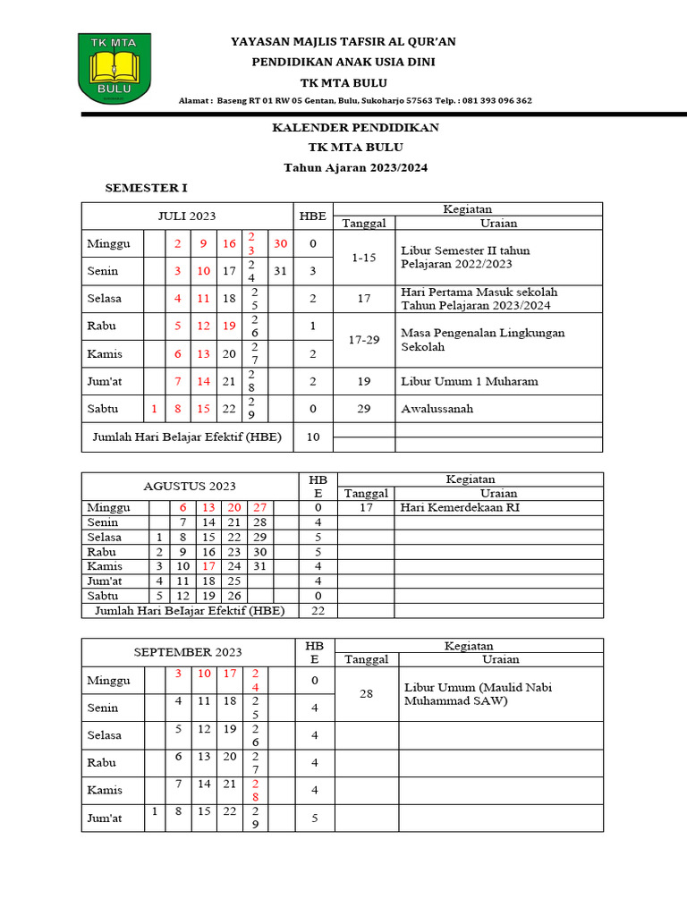 Kalender Pendidikan TK MTA Bulu 2023/2024 | PDF