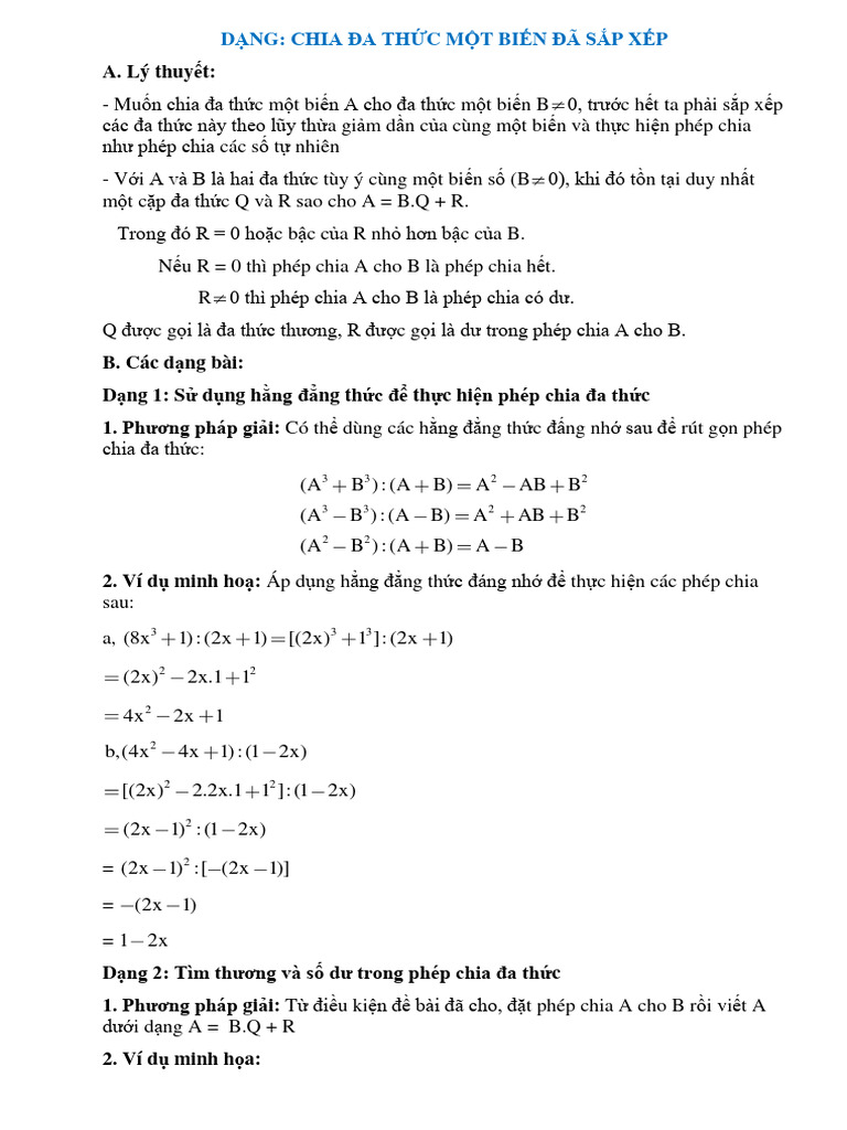 Cach Chia Da Thuc Mot Bien Da Sap Xep Lop 8 Va Cach Giai Toan Lop 8 | PDF