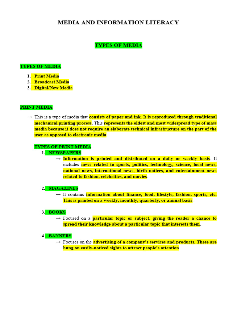 Media and Information Literacy (Types of Media) | PDF | Mass Media | Media (Communication)