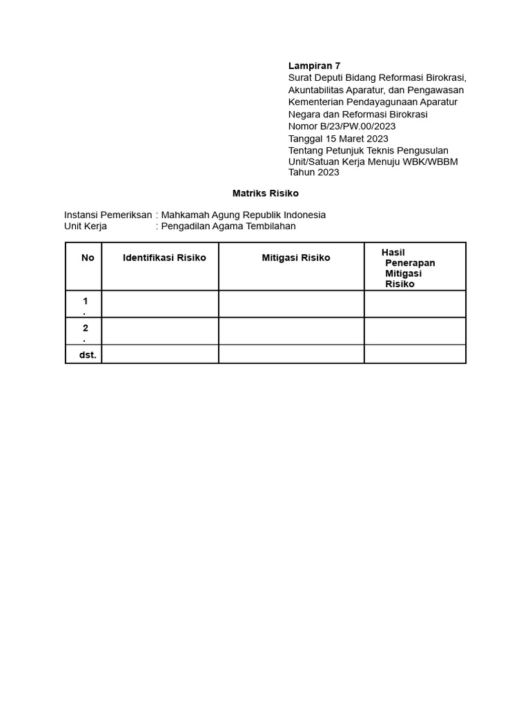Format Lampiran MATRIK RISIKO | PDF