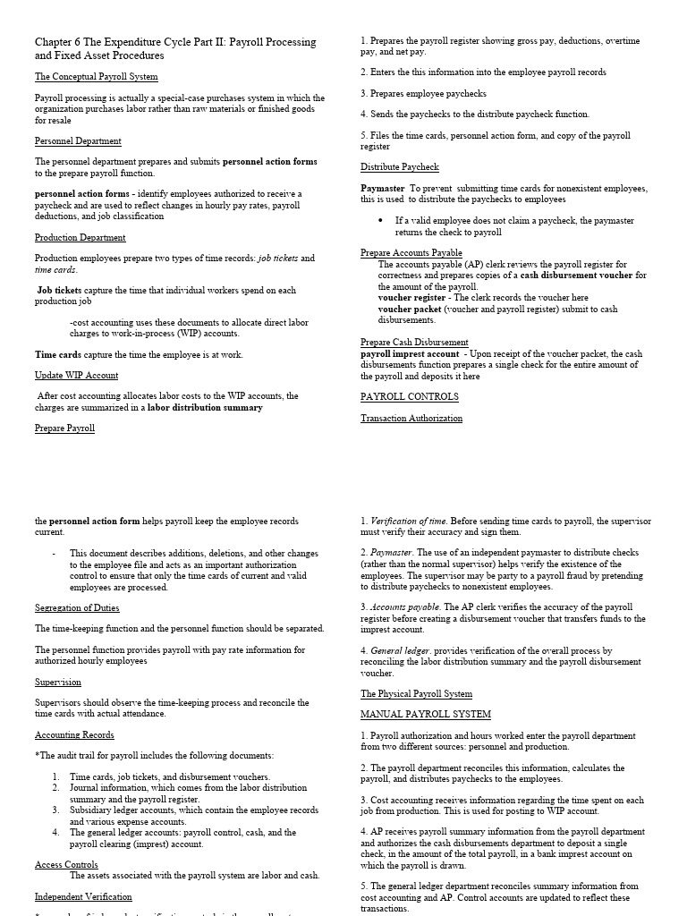 Chapter 6 AIS Expenditure Cycle II Summary | PDF | Payroll | Depreciation