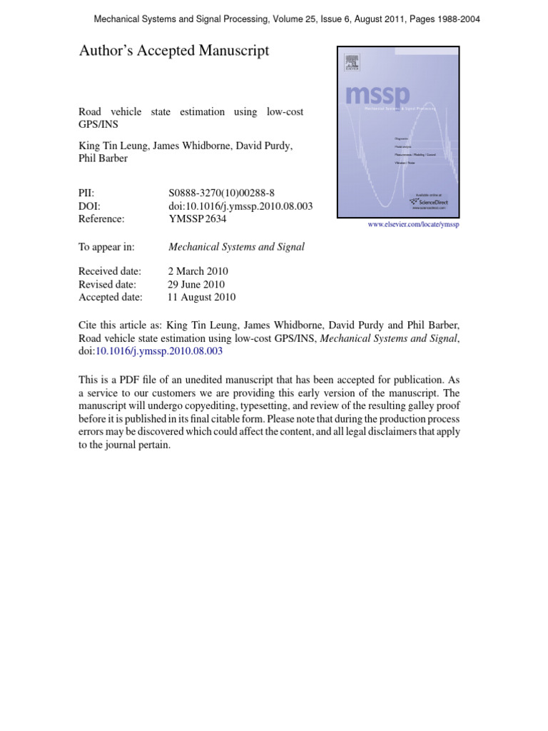 Road Vehicle State Estimation Using Low-Cost GPSINS | PDF | Inertial ...