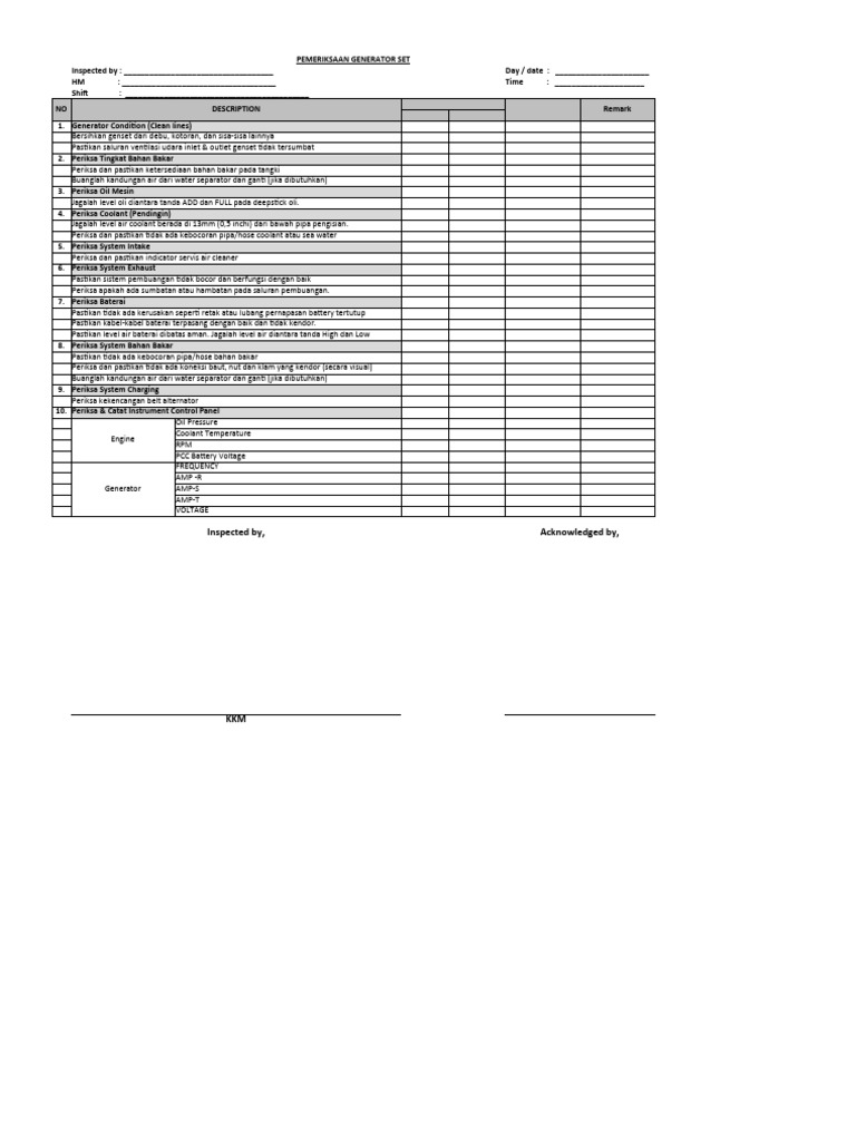 Checklist Pemeliharaan Genset | PDF | Teknologi & Rekayasa