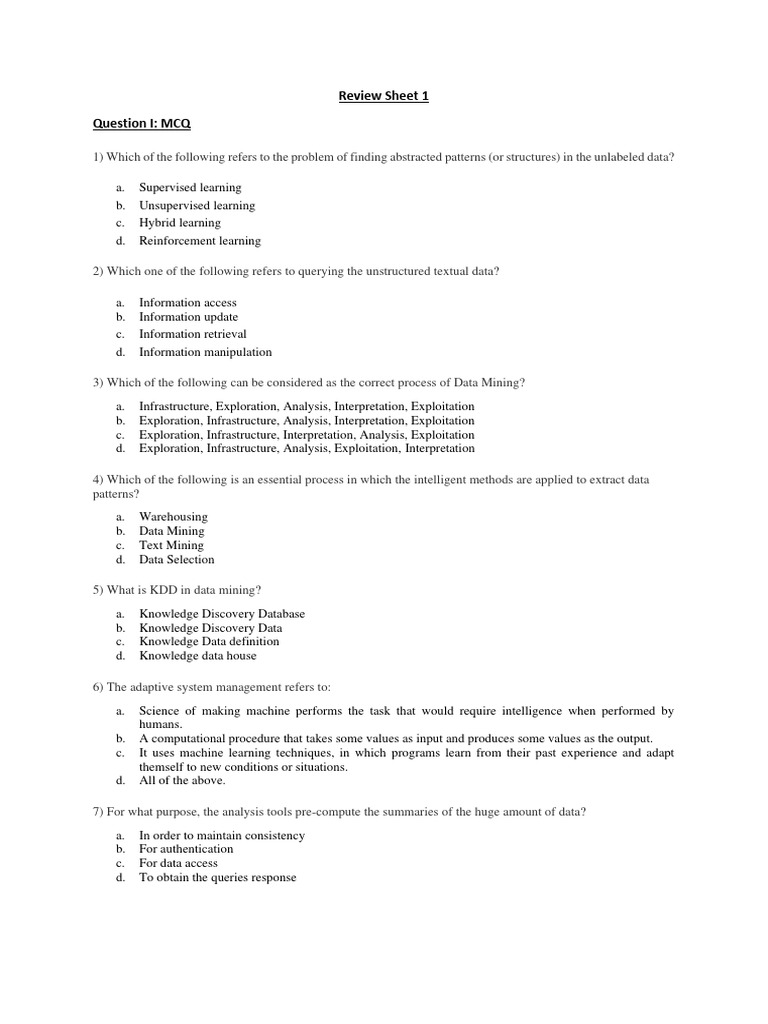 Review Sheet 1 Question I: MCQ | PDF | Data Mining | Cluster Analysis