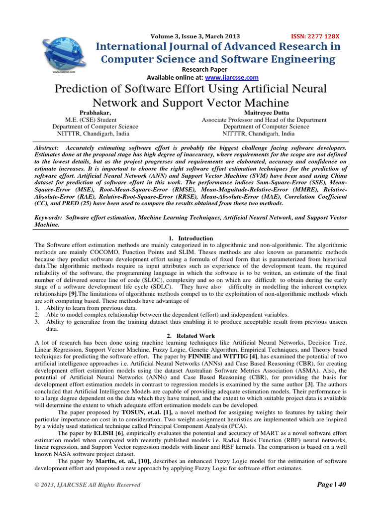 Prediction Of Software Effort Using Artificial Neuralnetwork And Support Vector Machine Pdf
