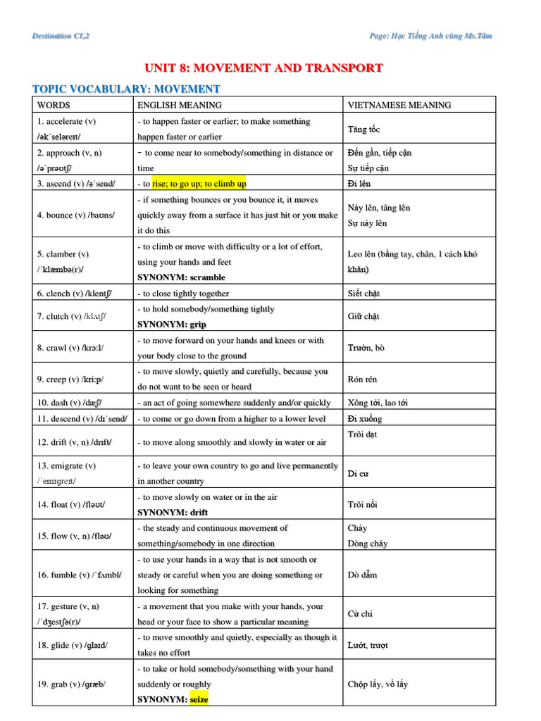 Vocabulary of Movement and Transport | PDF