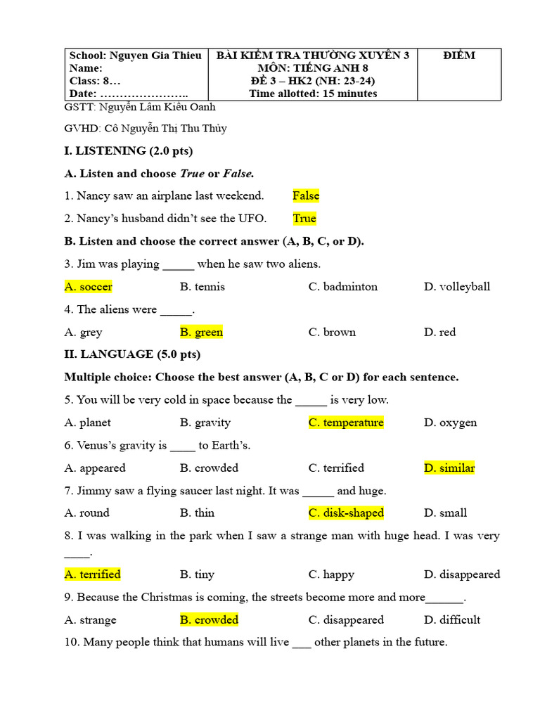 English Test for Grade 8 - Listening & Reading | PDF | Scientist ...