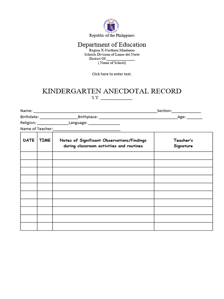 Kindergarten Anecdotal Record | PDF