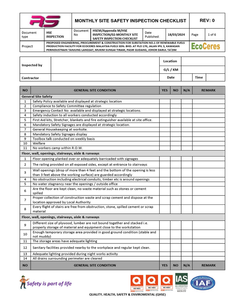 Monthly Safety Inspection Checklist | PDF | Scaffolding | Firefighting