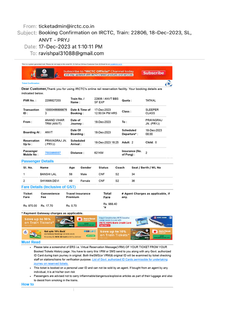 IRCTC Train Booking Confirmation Details | PDF | Service Industries