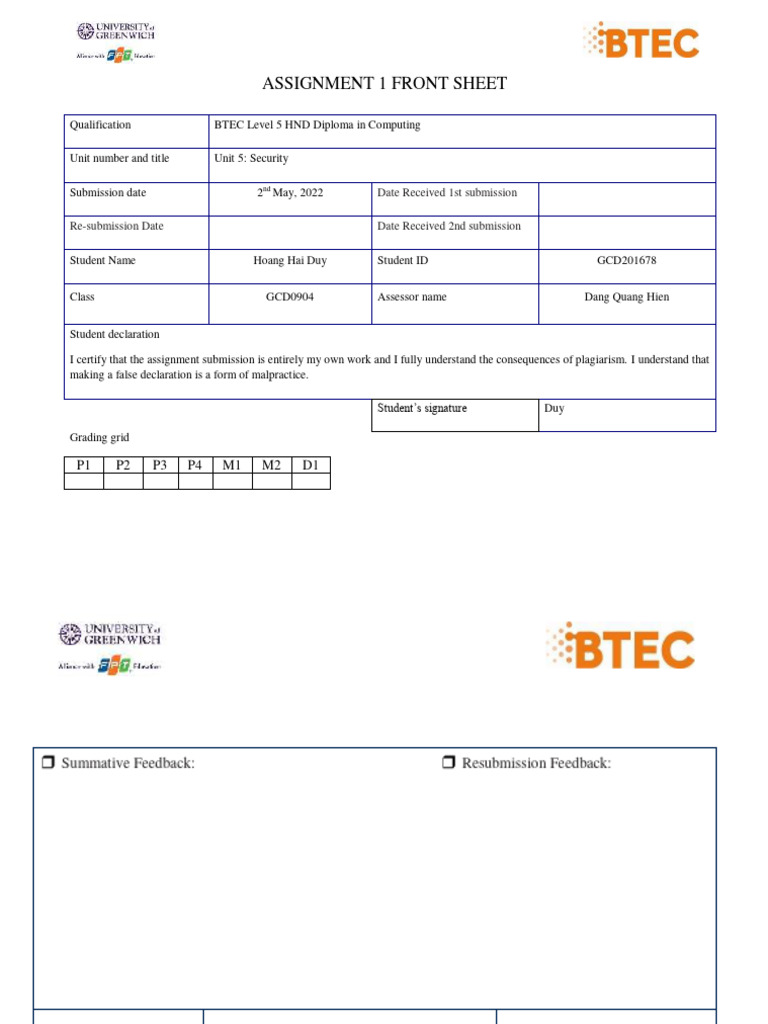 1 - Unit 5 - Assignment 1 Frontsheet - Hoang Hai Duy | PDF | Security ... 1 - Unit 5 - Assignment 1 Frontsheet - Hoang Hai Duy | PDF | Security ...