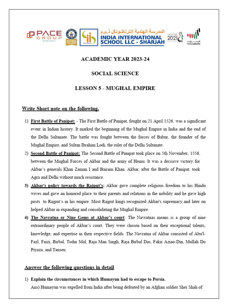 Grade 7 SST Mughal Empire - Study Notes | PDF | Mughal Empire