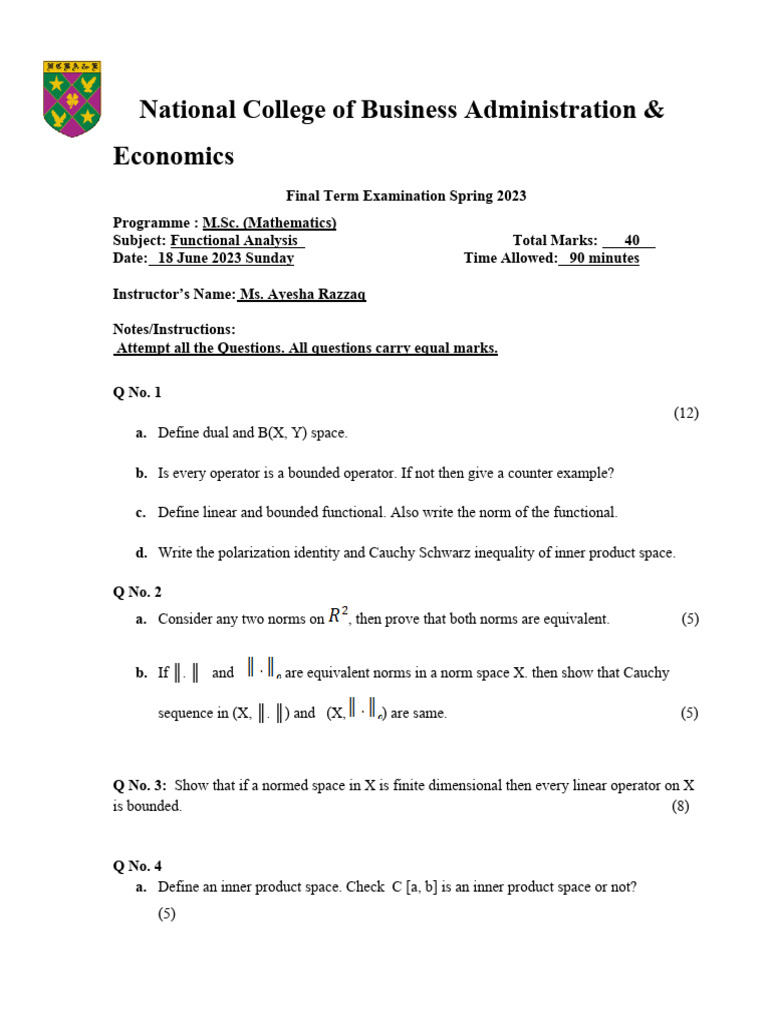 Question Paper Functional Analysis | PDF | Teaching Methods & Materials