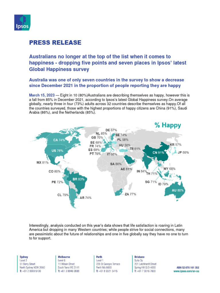 Ipsos Global Happiness Survey - Press Release | PDF | Cost Of Living | Consumer Confidence